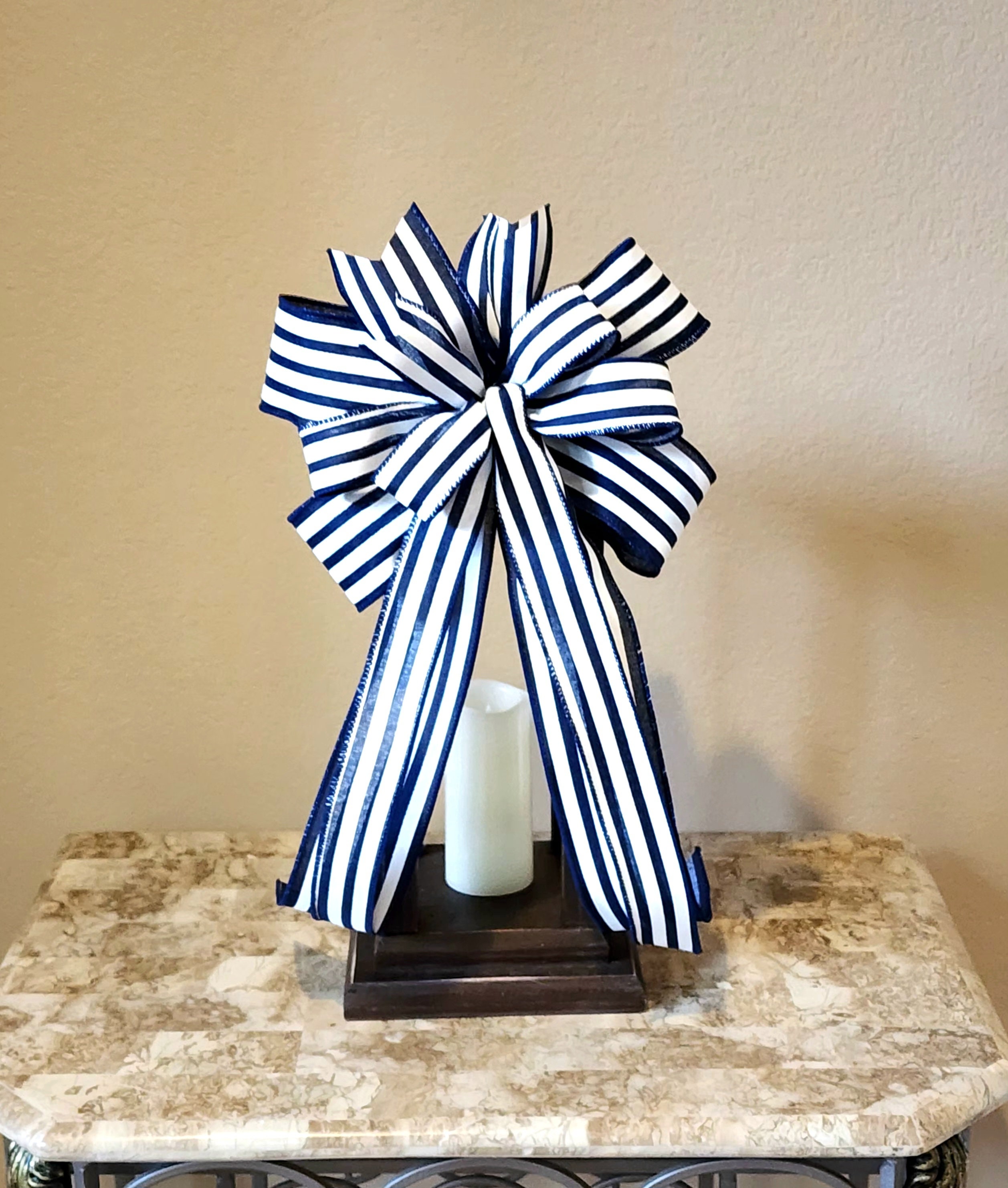 White and Navy Blue Striped Wreath Bow Nautical Bow White and Blue Bow ...