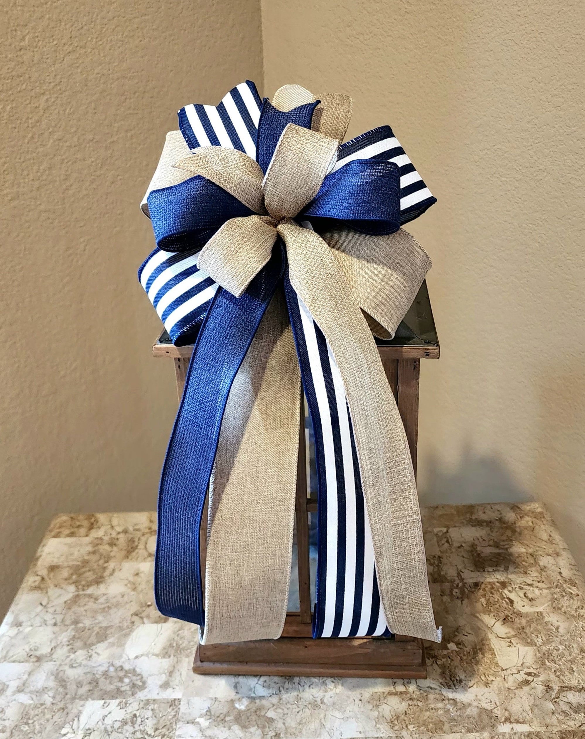 Wreath Bow Lantern Bow Farmhouse Bow Handmade Bow Navy Blue, White and ...