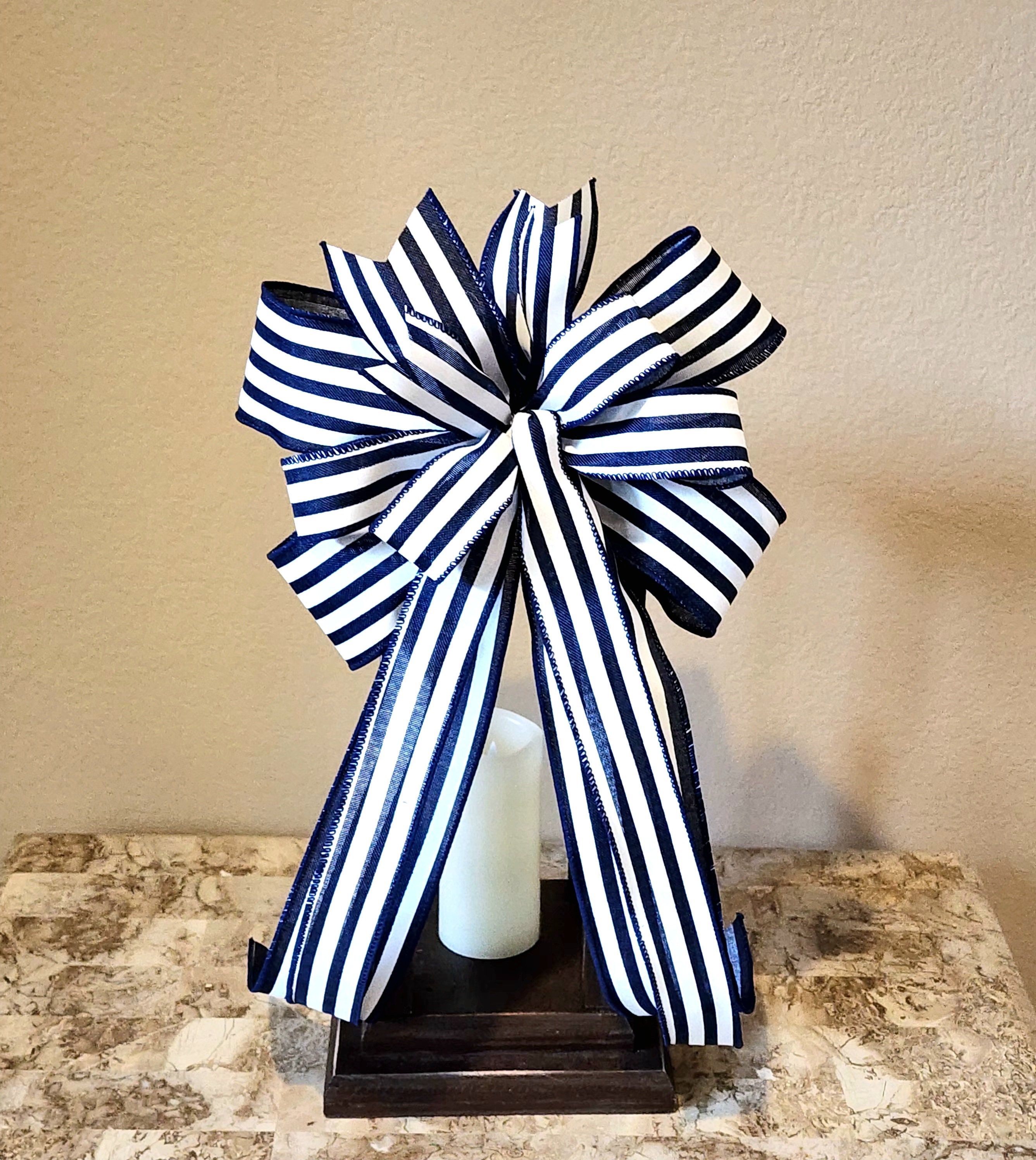 White and Navy Blue Striped Wreath Bow Nautical Bow White and Blue Bow ...