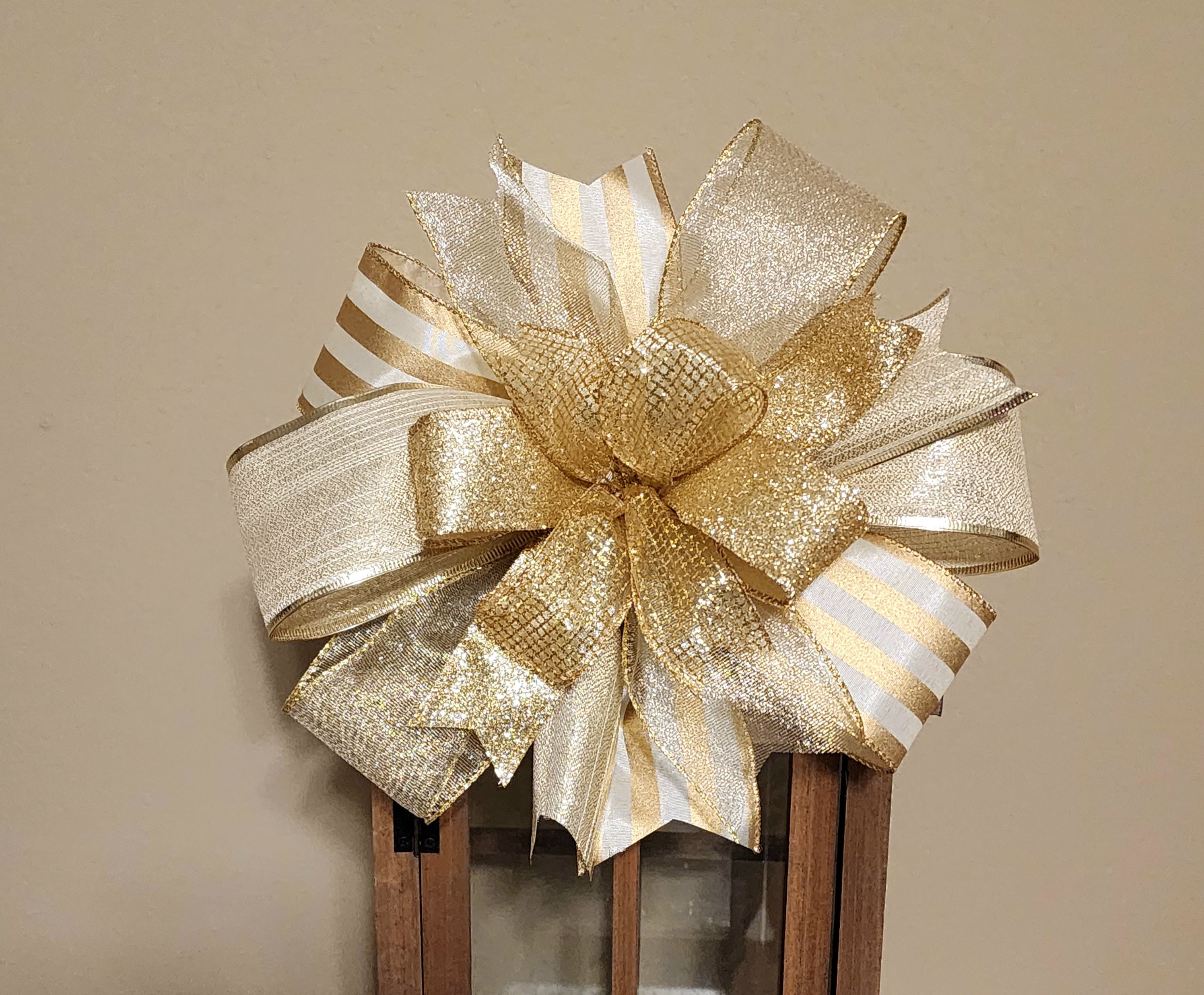 Tree Topper Bows Lantern Bow White and Gold Bow Glitter Christmas Bow ...