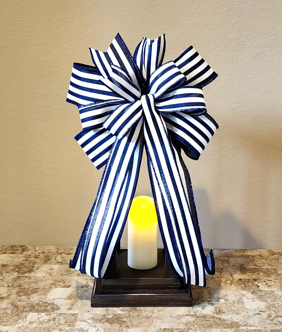 White and Navy Blue Striped Wreath Bow Nautical Bow White and Blue Bow ...