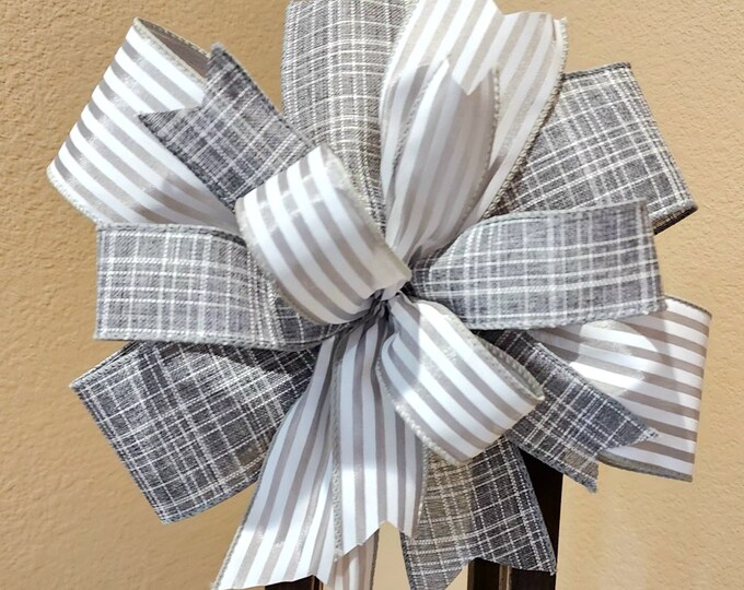 Wreath Bow Lantern Bow Farmhouse Bow Handmade Bow Pewter, White and ...