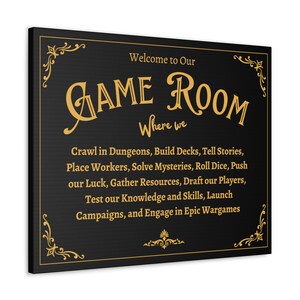 Sign for Game Room Canvas Print for Board Game Rec Room Black and Gold ...