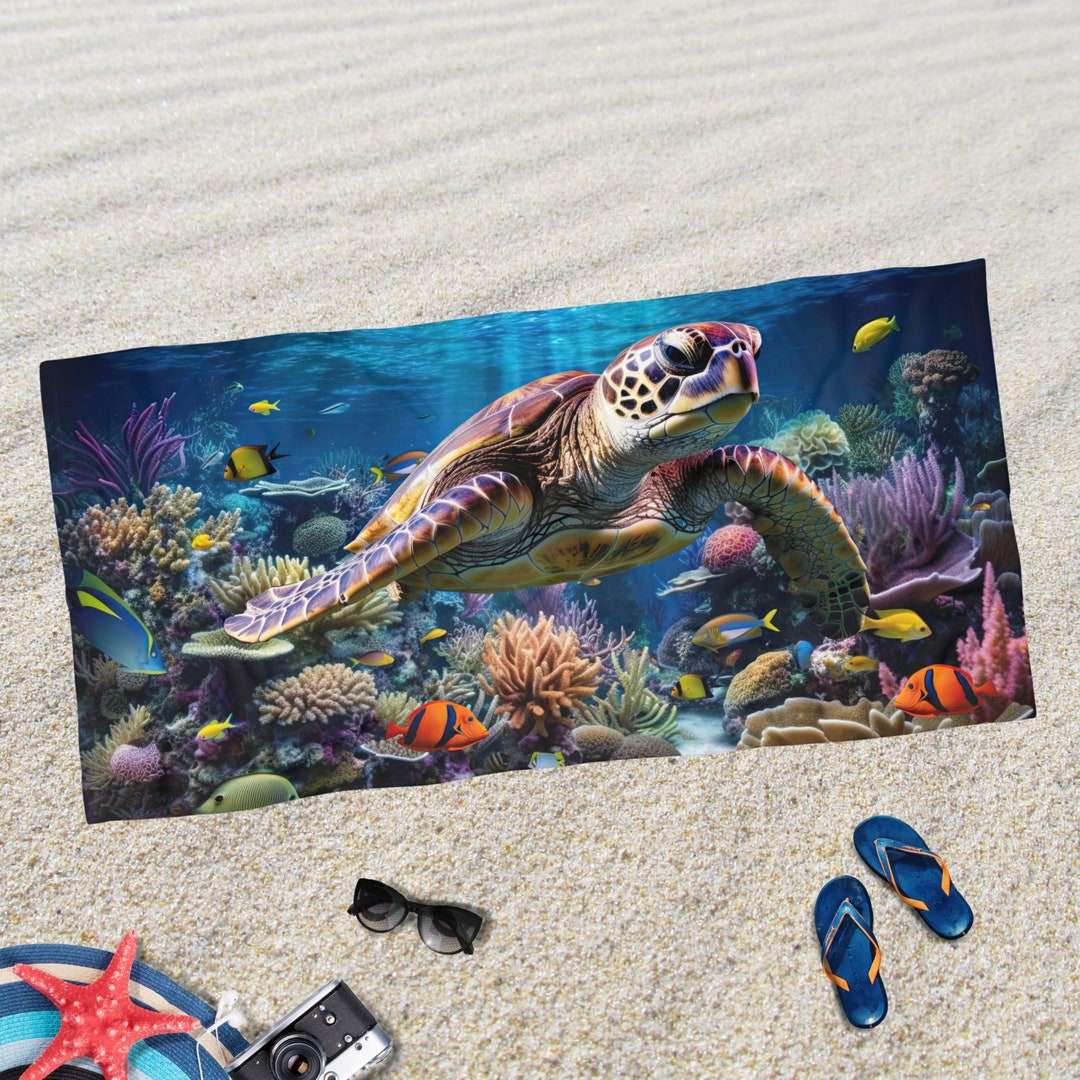 Sea Turtle Beach Towel, Large Colorful Loggerhead Beach Towel, Vibrant ...