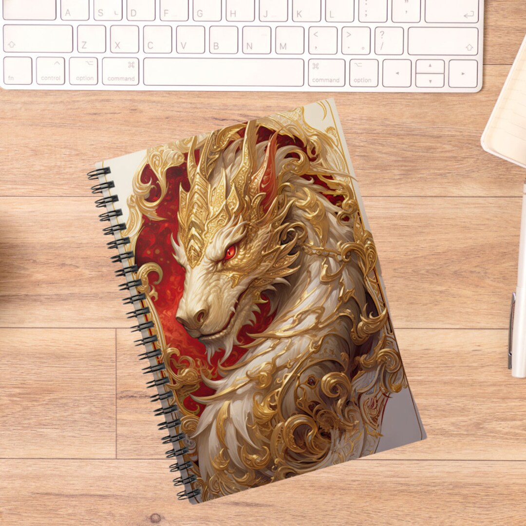 White Dragon Spiral Notebook, Dragon Blank Ruled Line Dnd Notepad ...