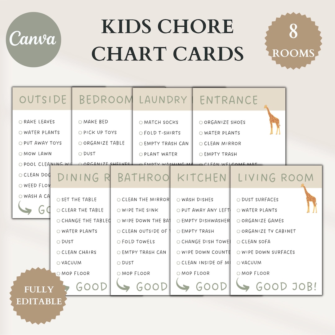 Printable Kids Cleaning Cards, Kids Chore List Canva Template, Chore ...