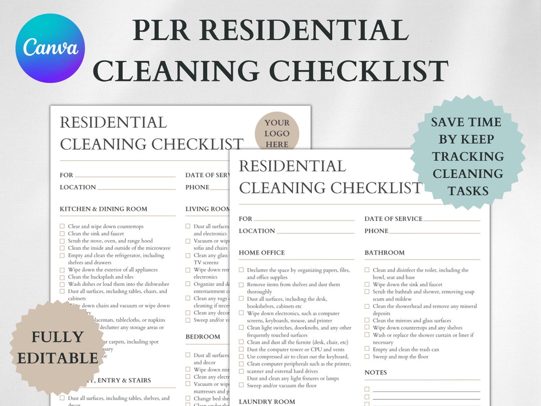 PLR Residential Cleaning Checklist, Resell Editable Canva Template, PLR ...