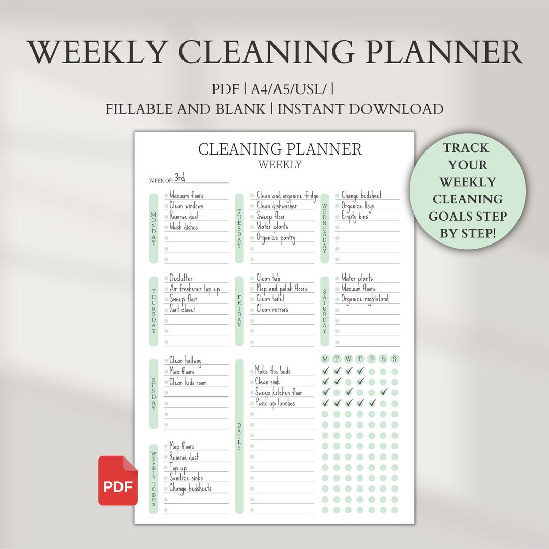 Weekly Cleaning Schedule, Household Cleaning Planner, Chore Chart ...