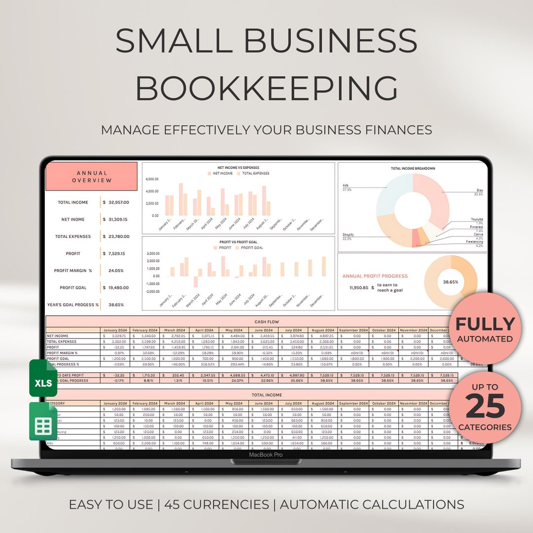Easy Bookkeeping Spreadsheet for Small Business, Excel Bookkeeping ...