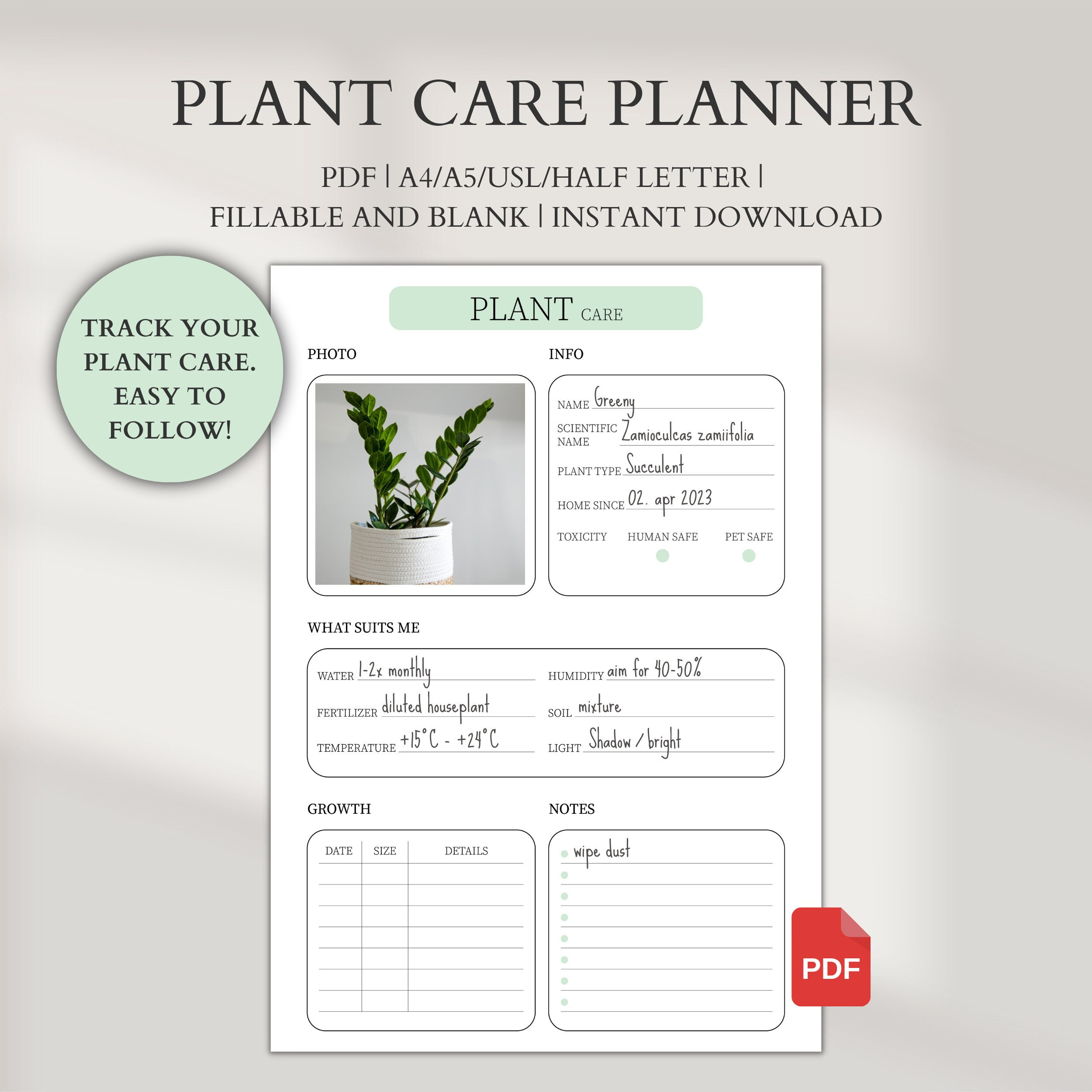 Plant Care Journal, Garden Tracker Diary, Digital Editable Indoor Plant ...