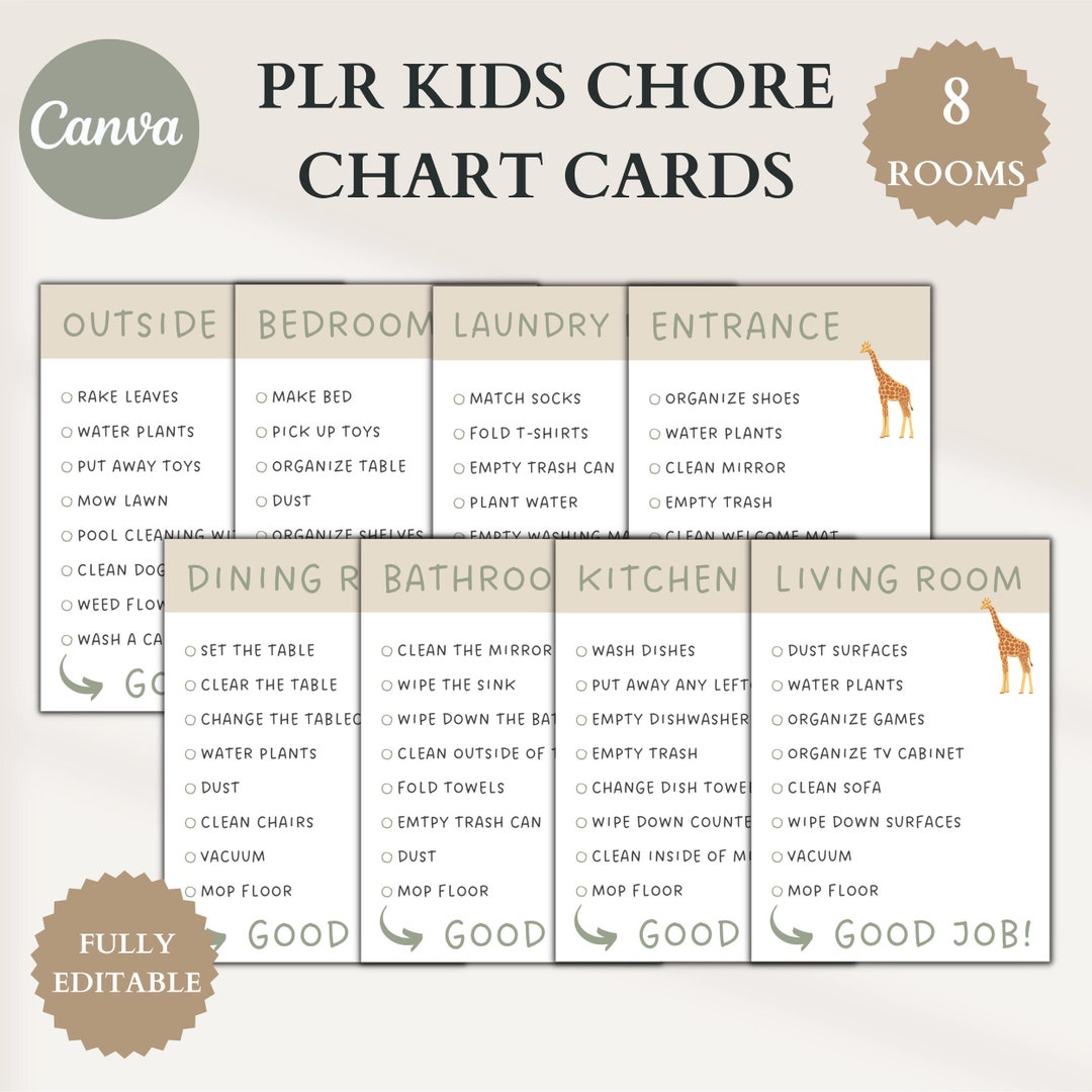 Kids Chore Chart Card, PLR Digital Products, Cleaning Template, Kids ...