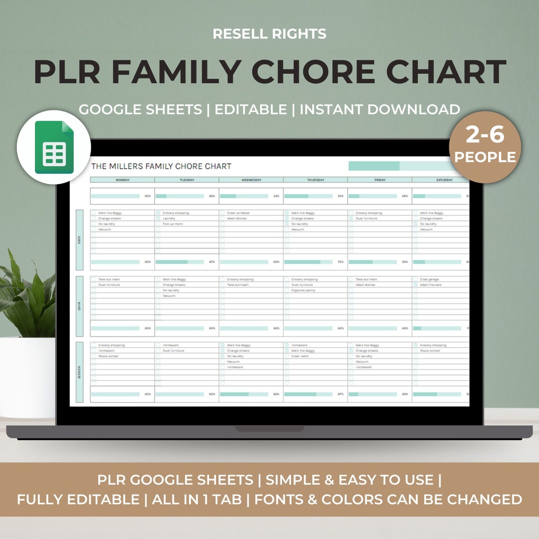 PLR Family Chore Chart, PLR Cleaning Planner Spreadsheet, Daily House ...