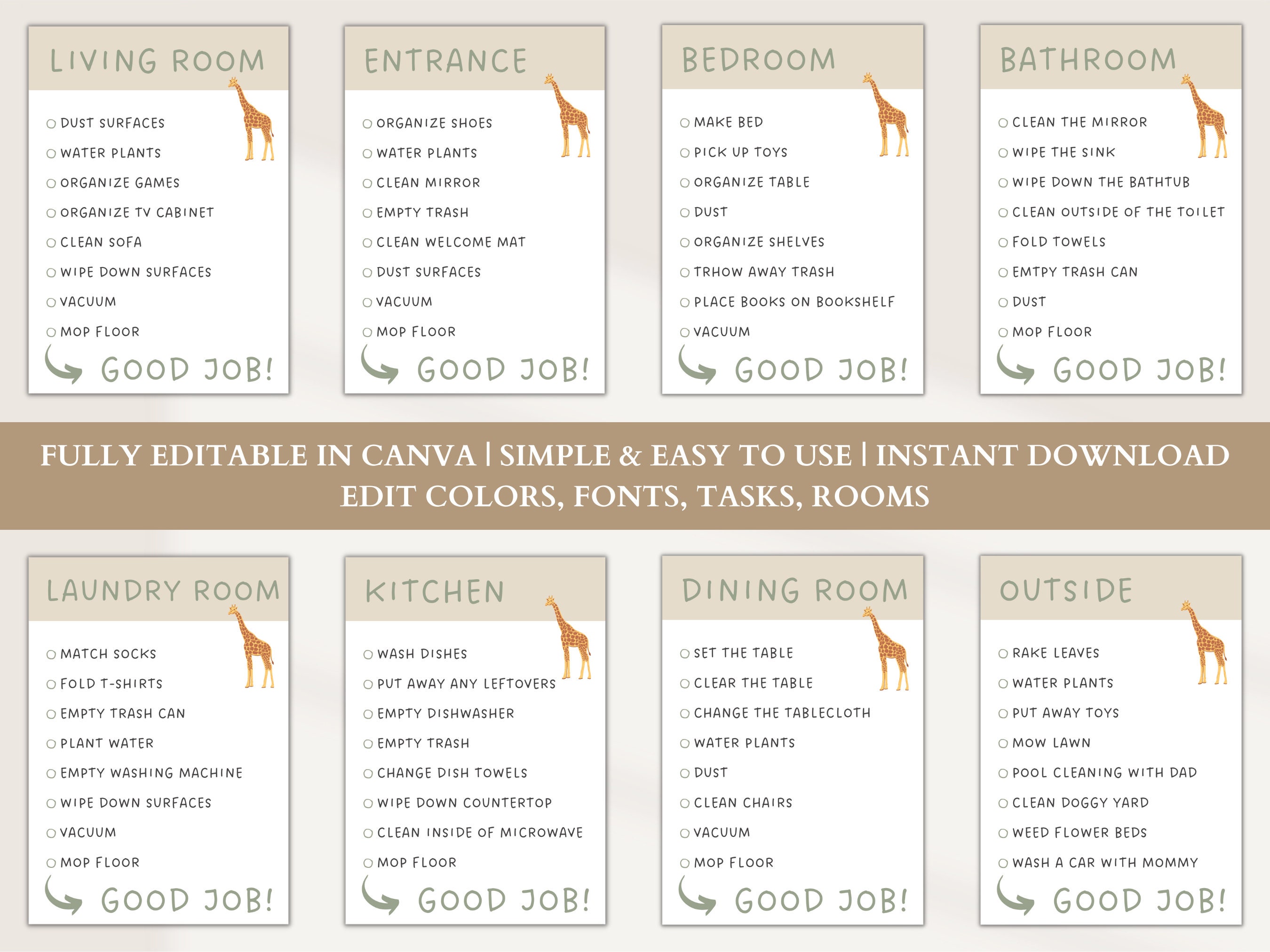 Canva Kids Cleaning Chart Cards, Kids Chore List Canva Template, Reward ...