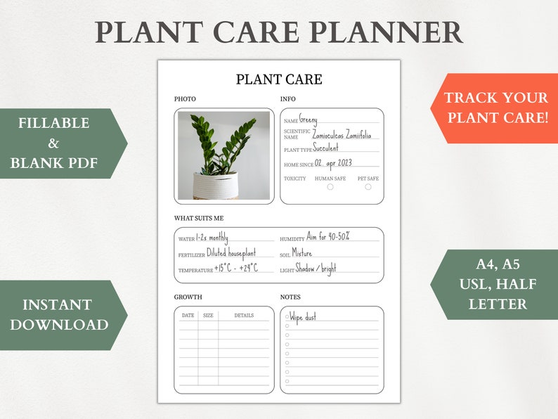 Plant Care Journal, Garden Tracker Diary, Digital Editable Indoor Plant ...