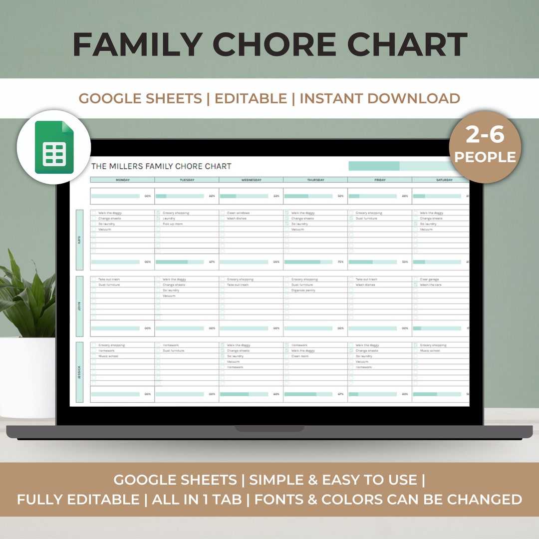 Family Chore Chart Spreadsheet, Google Sheet Template, Cleaning ...