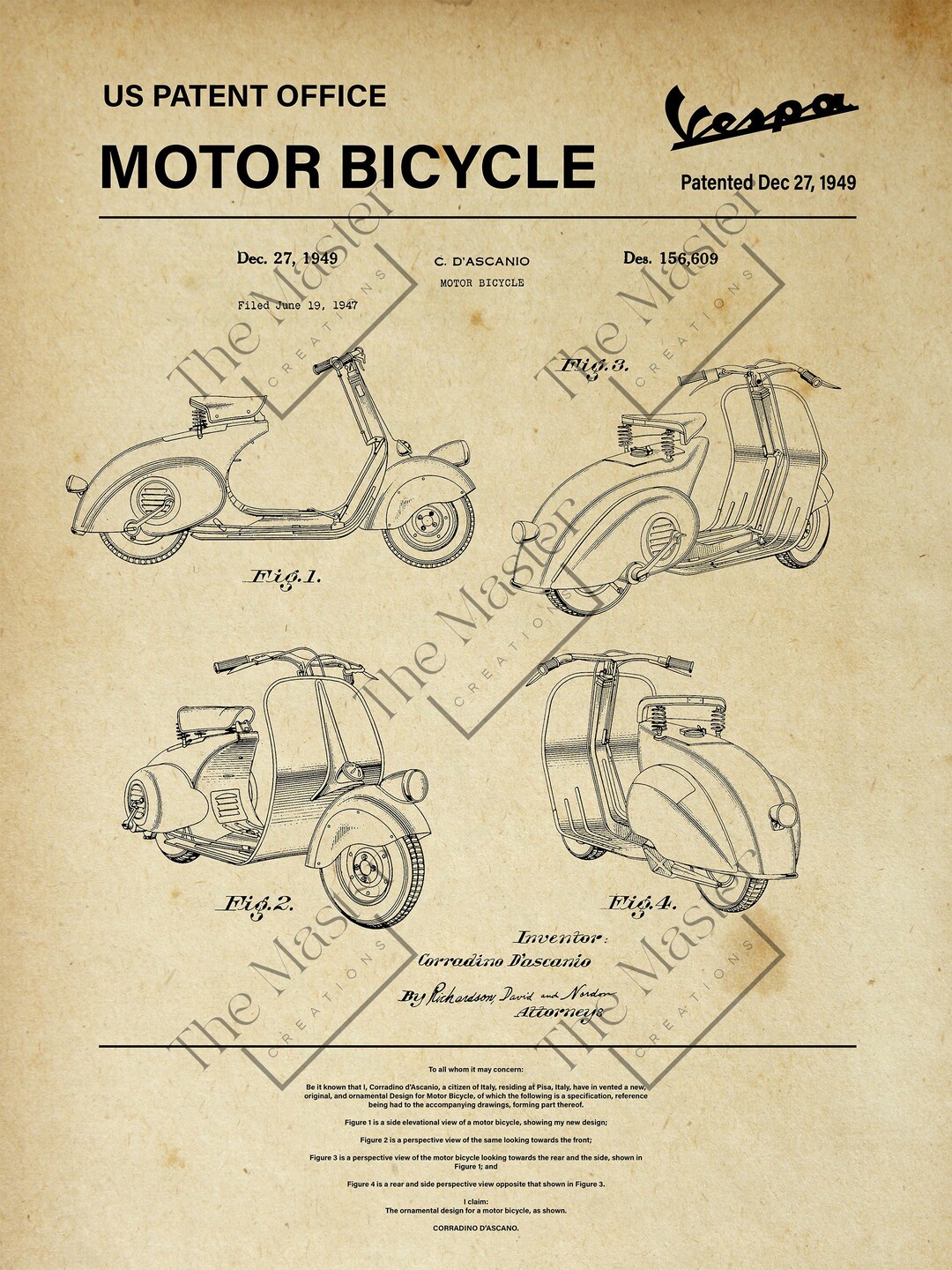 Vespa, Piaggio, Patent Drawings, Motor Bicycle, Antique Patent, Gift ...