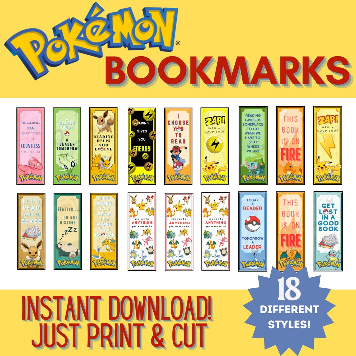 Printable Pokemon Bookmarks | Kids Bookmarks | 18 Styles | PDF Format ...