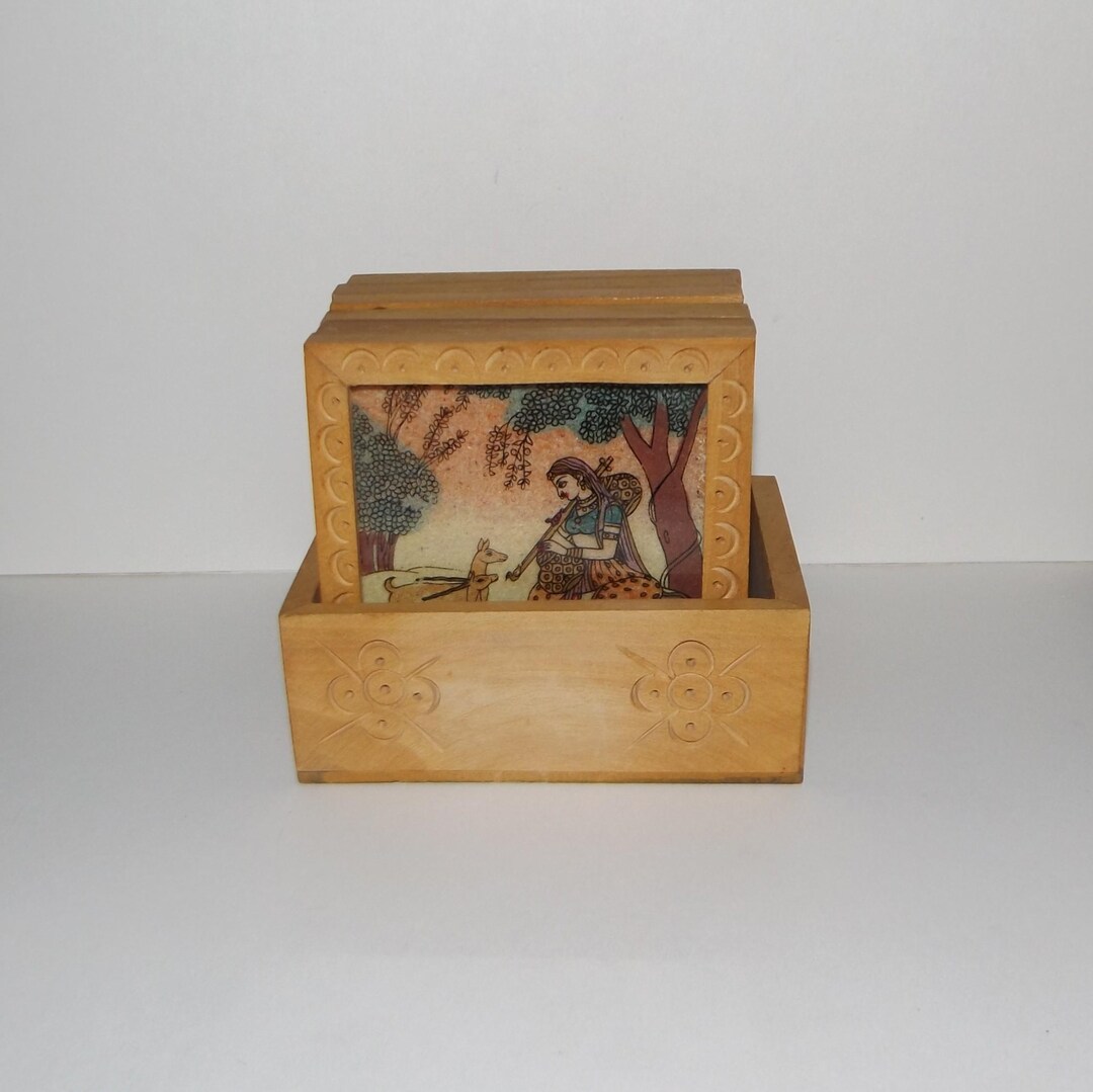 6 Pc Indian Rajasthani Folk Art Wooden Drink Coaster Set With Storage ...
