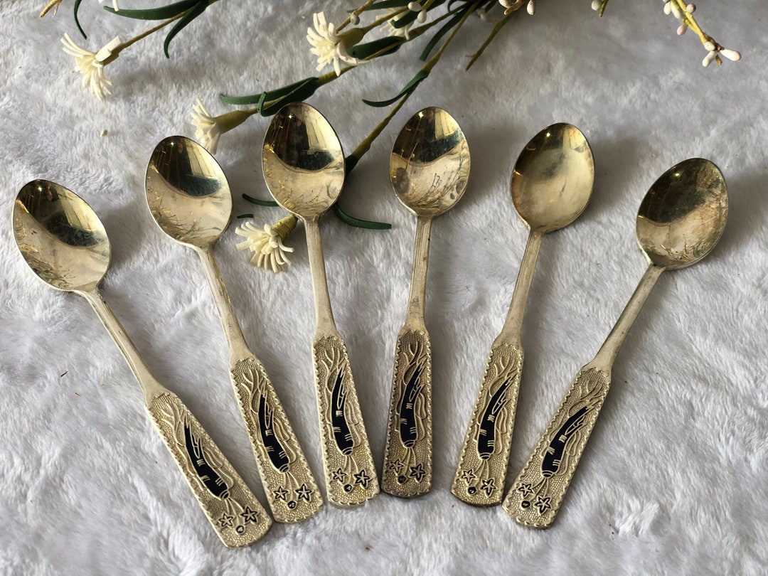 Vintage Metal Enameled Spoons Silver Colored Demitasse Set of 6 Dark ...