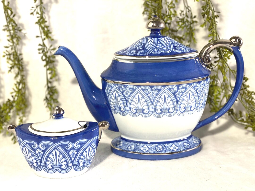 Vintage Bombay China Teapot and Sugar Bowl: Cobalt Blue Arabesque Tile ...