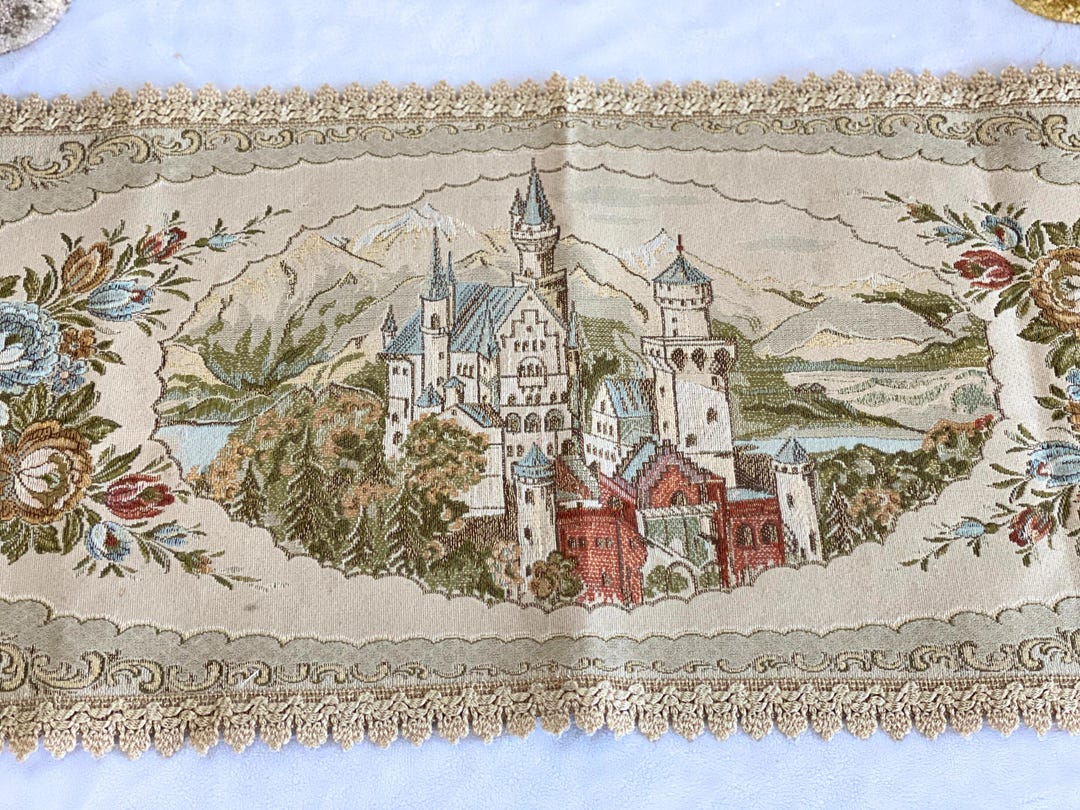 Vintage Embroidered Table Runner German Castle West Germany Gold ...