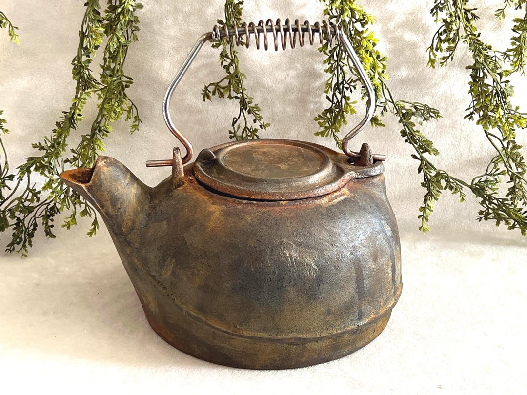 Antique Cast Iron Tea Kettle With Swivel Lid and Coil Handle Large ...