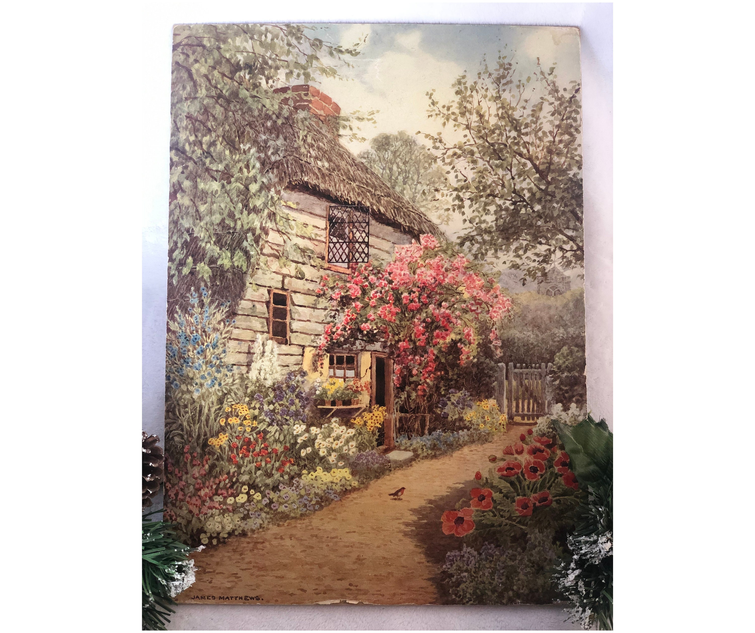 Antique Watercolor Print by James Matthews A Thatched Cottage and ...