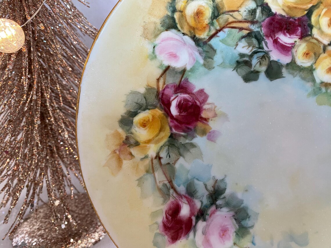 Hand Painted Vintage Czechoslovakia Plate With Pink and Yellow Roses ...