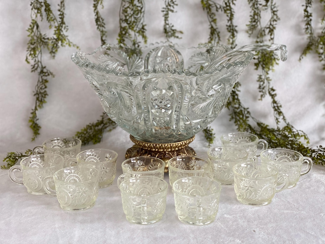 Vintage Crystal Punch Bowl Set Loevsky and Loevsky Bronze Pedestal 12 ...