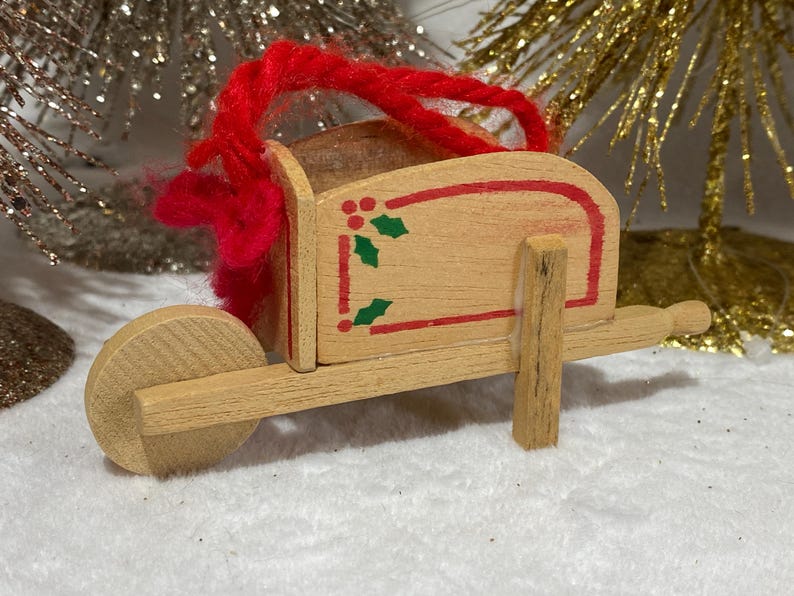 Vintage Wooden Christmas Ornament Painted Wheelbarrow With Holly ...