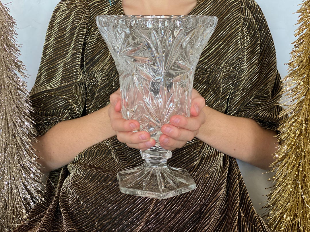 Large Vintage Lead Crystal Vase Starburst Cut Etched Crystal Vintage ...