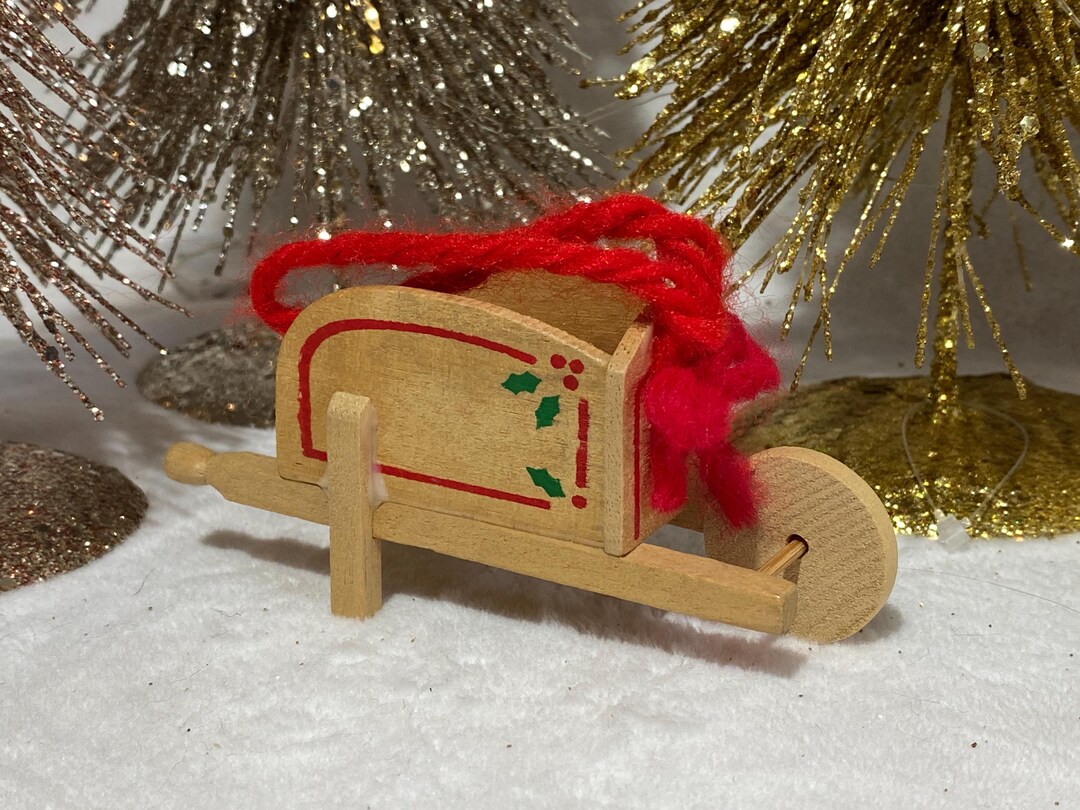 Vintage Wooden Christmas Ornament Painted Wheelbarrow With Holly ...