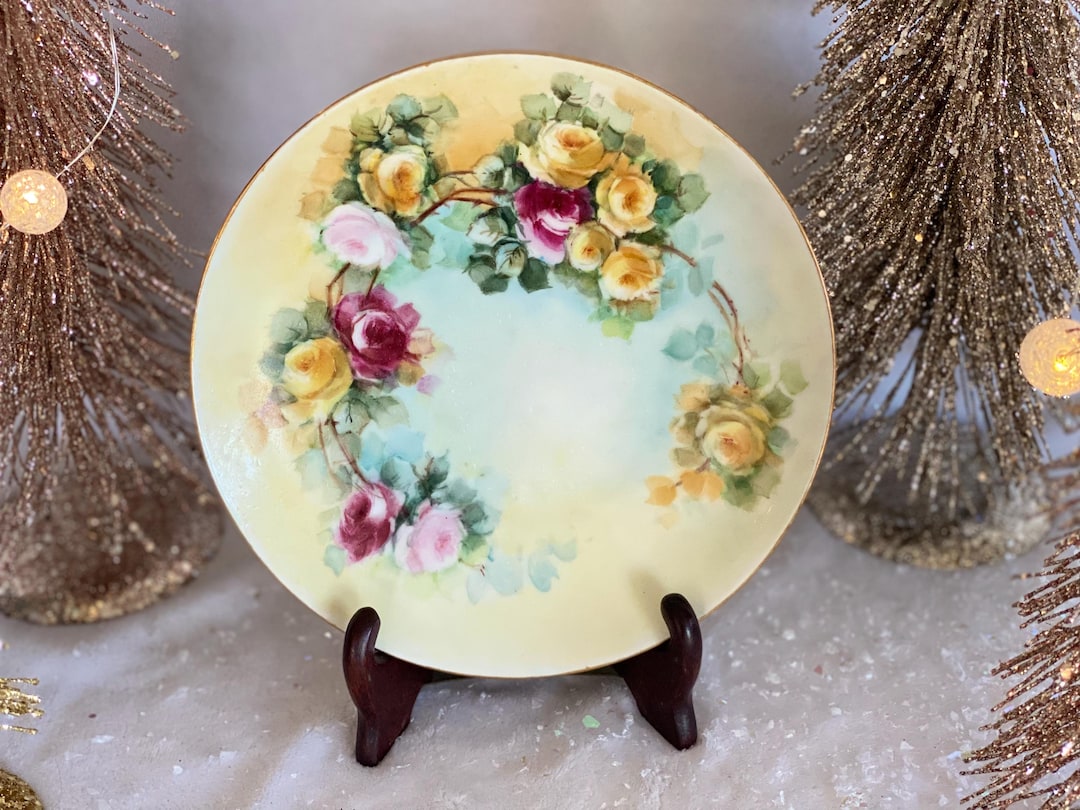 Hand Painted Vintage Czechoslovakia Plate With Pink and Yellow Roses ...