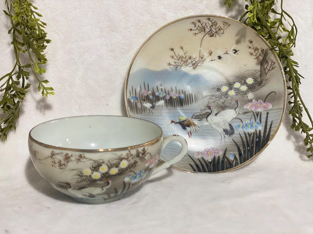 Vintage Hand Painted Japanese Teacup & Saucer Cranes Reeds Delicate ...