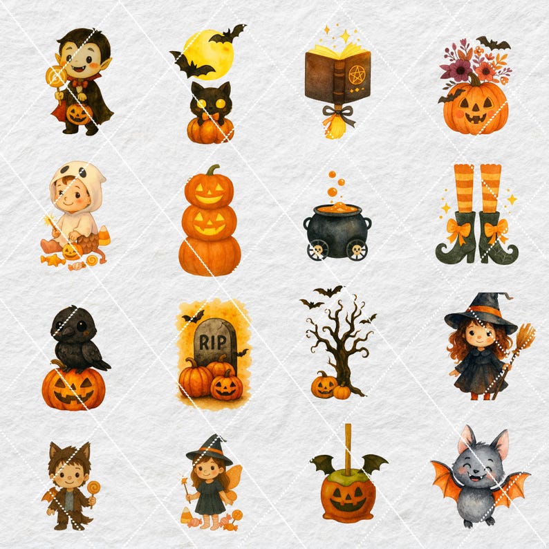 Cute Halloween Clipart Bundle, 69 PNG Watercolor Graphics, Ghost ...