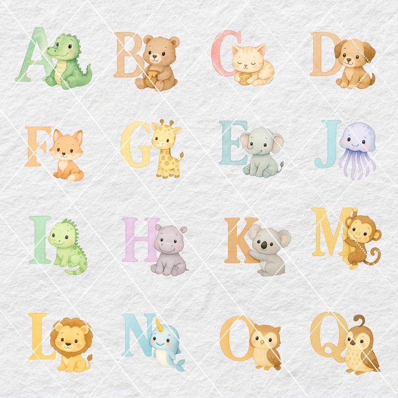 Animal Alphabet Clipart, Cute Animal Letters and Numbers 1–20, Kids ABC ...