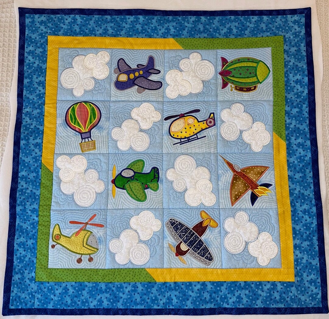 Child's Blue Plane Cot Quilt or Playmat, Applique and Machine Quilted ...