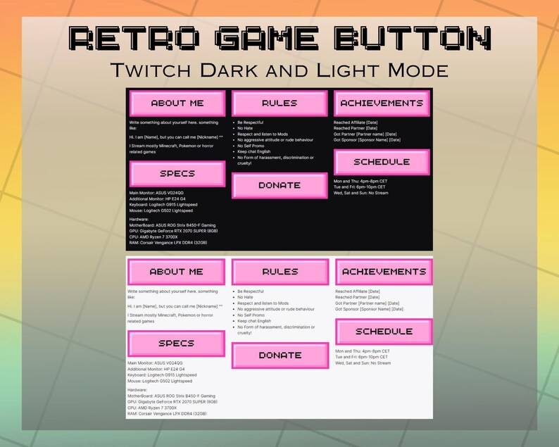 40 Pink Retro Game Button Twitch Panels | Streamer | Content Creator ...