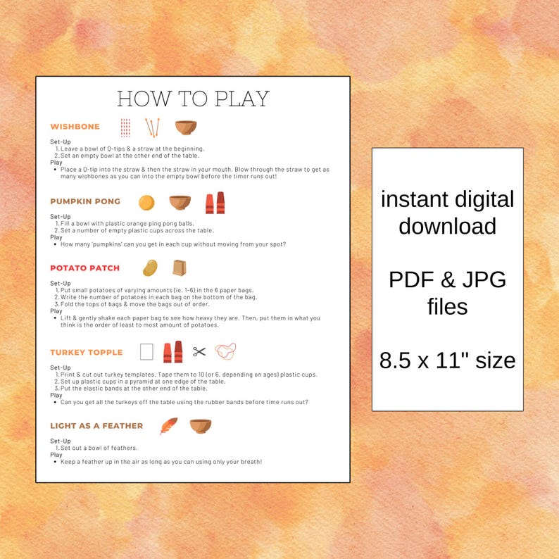 Thanksgiving Minute to Win It Printable Game Ideas With Supply List and ...