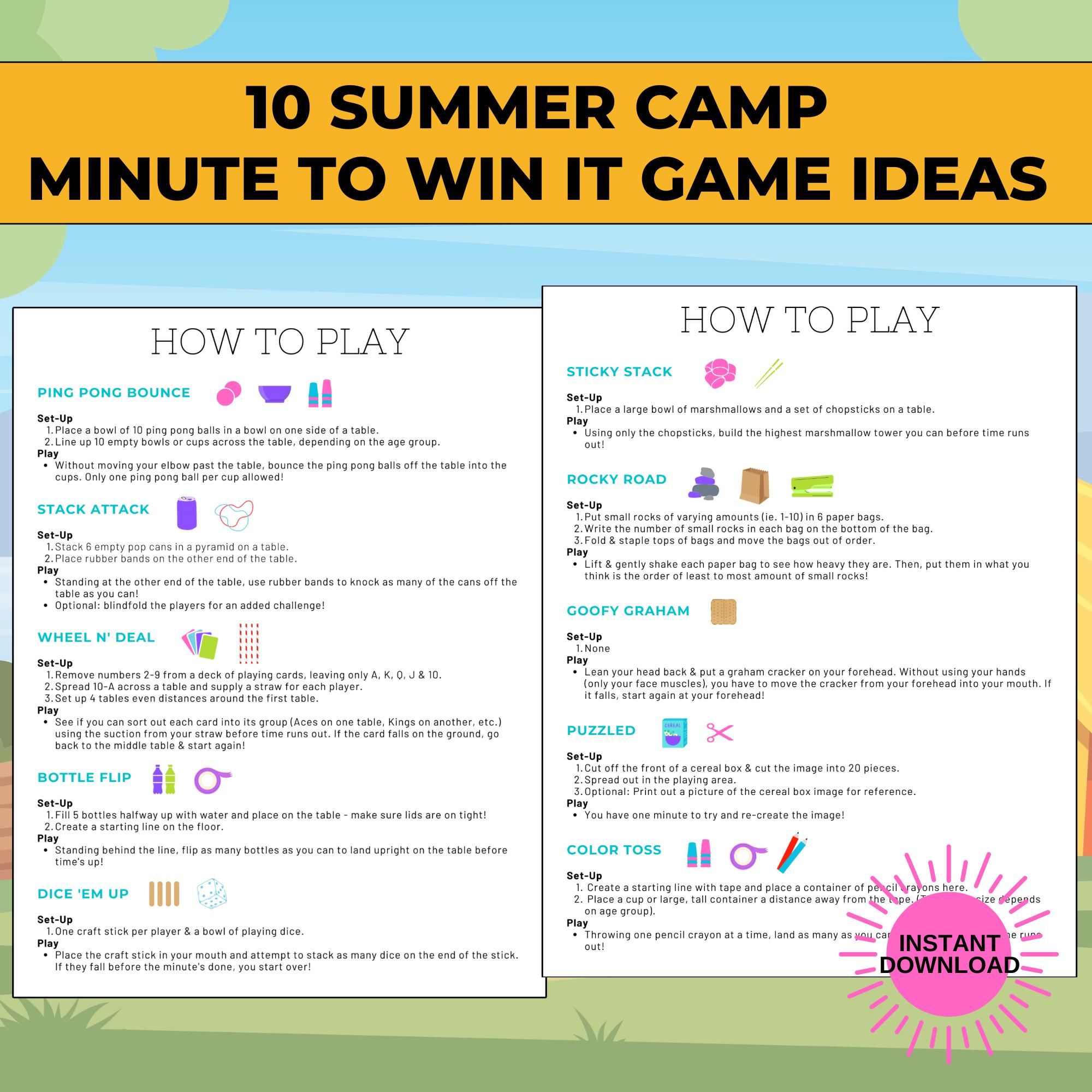 Summer Camp Minute to Win It Printable Game Ideas With Supply List and ...