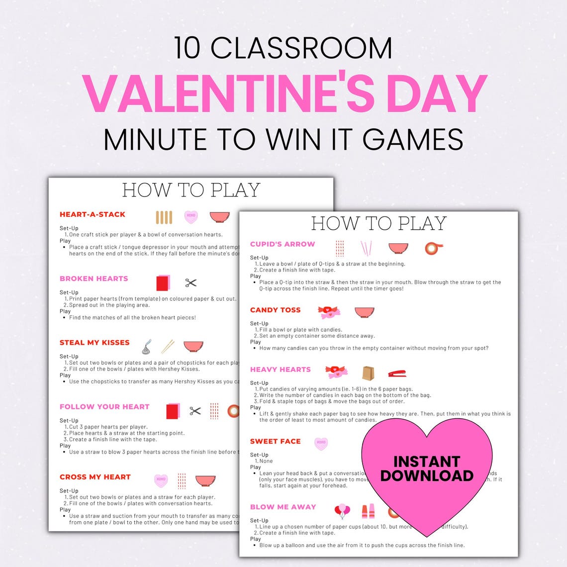 Classroom Valentine's Day Minute to Win It Games, 10 Printable Party ...