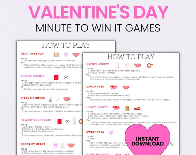 Classroom Valentine's Day Minute to Win It Games, 10 Printable Party ...