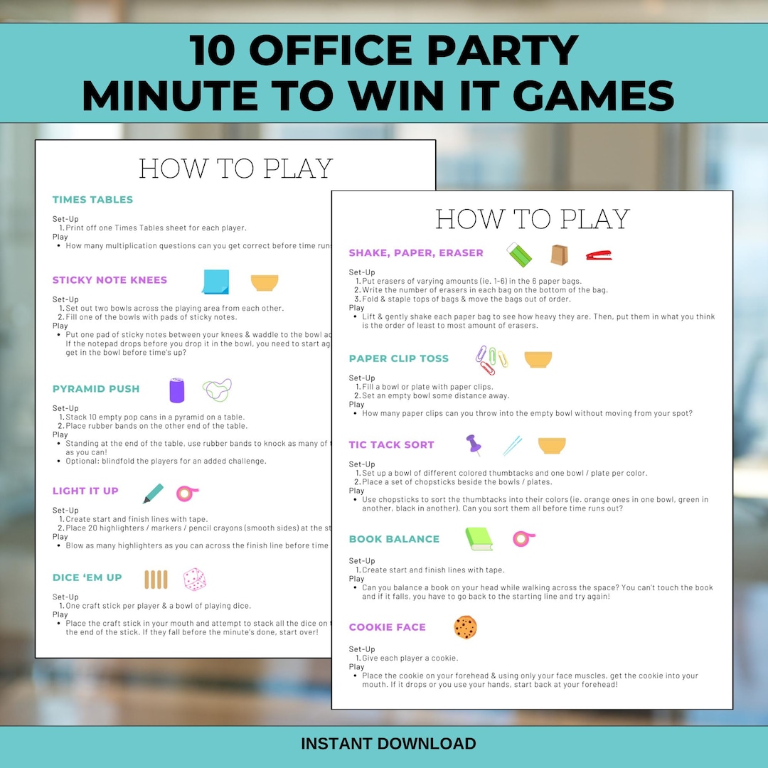 Office Party Minute to Win It Printable Game Ideas With Supply List and ...