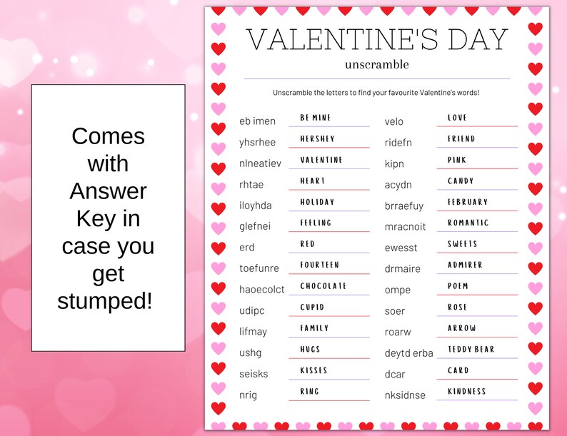 Valentine's Day Word Scramble Printable Game With Answer Key - Etsy