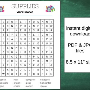 School Supplies Word Search Printable Game With Answer Key - Etsy