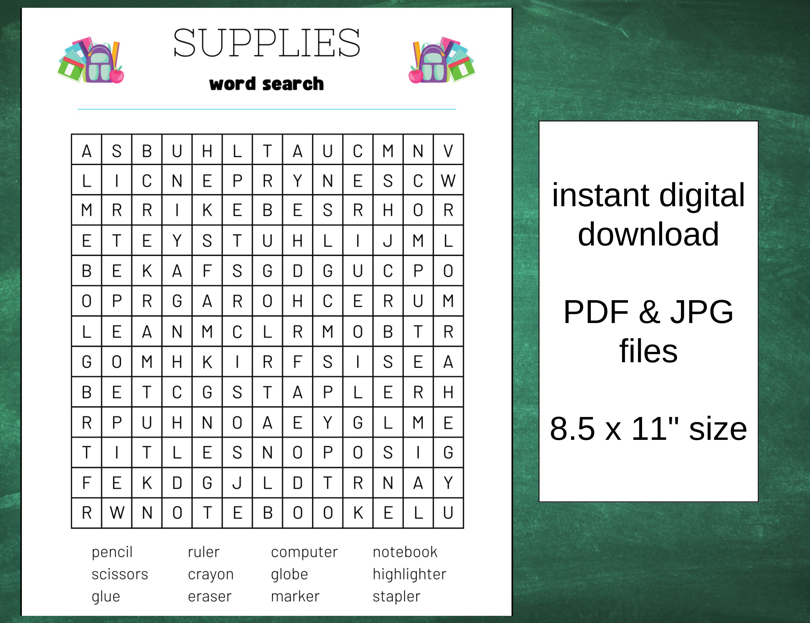 School Supplies Word Search Printable Game With Answer Key - Etsy