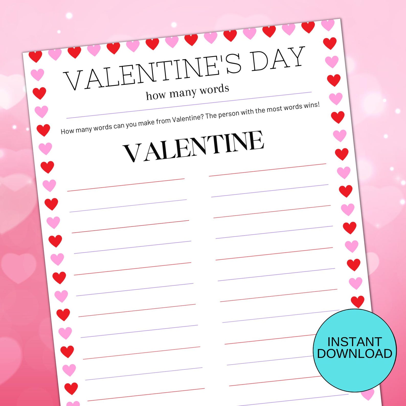 Valentine's Day How Many Words Printable Game - Etsy