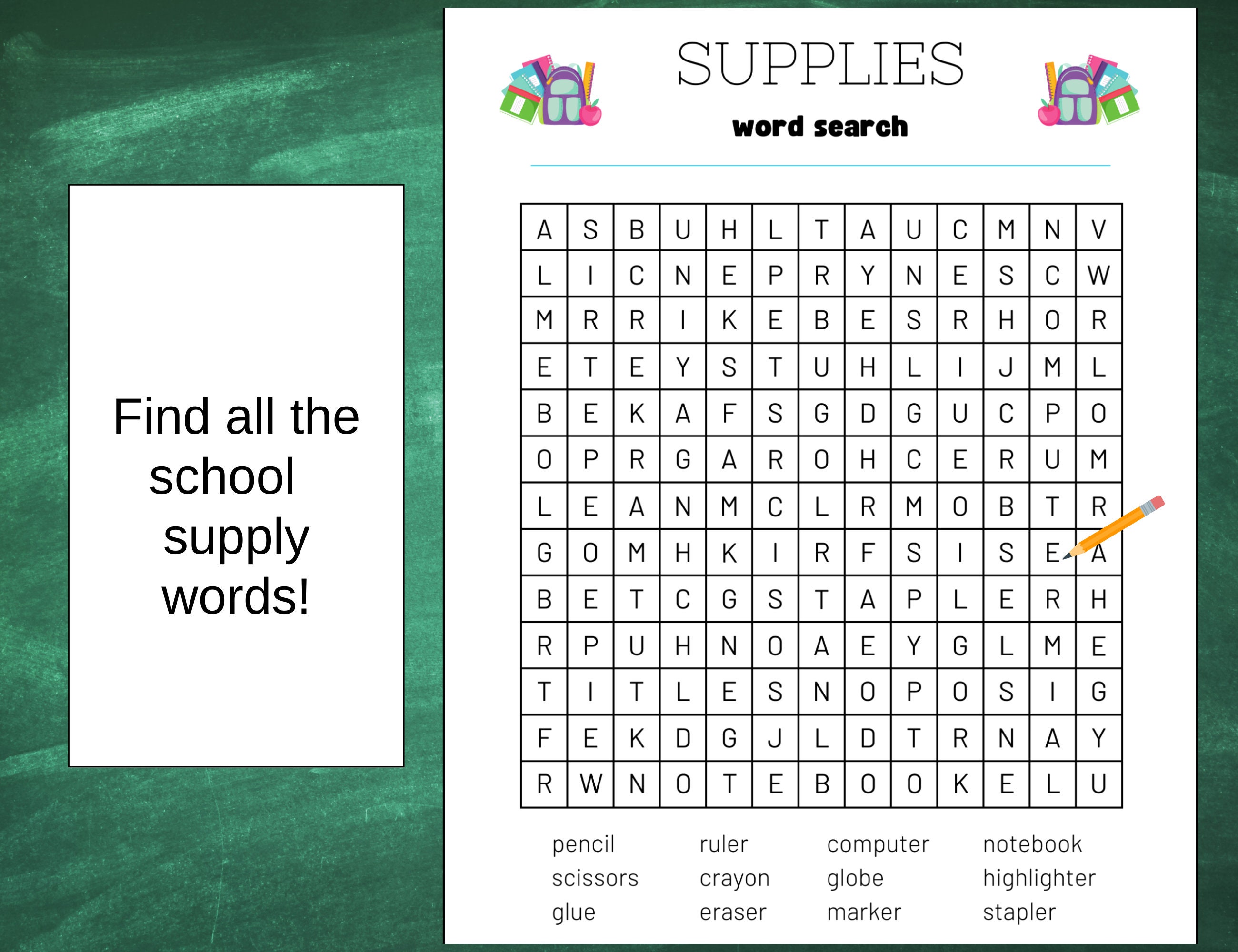 School Supplies Word Search Printable Game With Answer Key, Homeschool ...