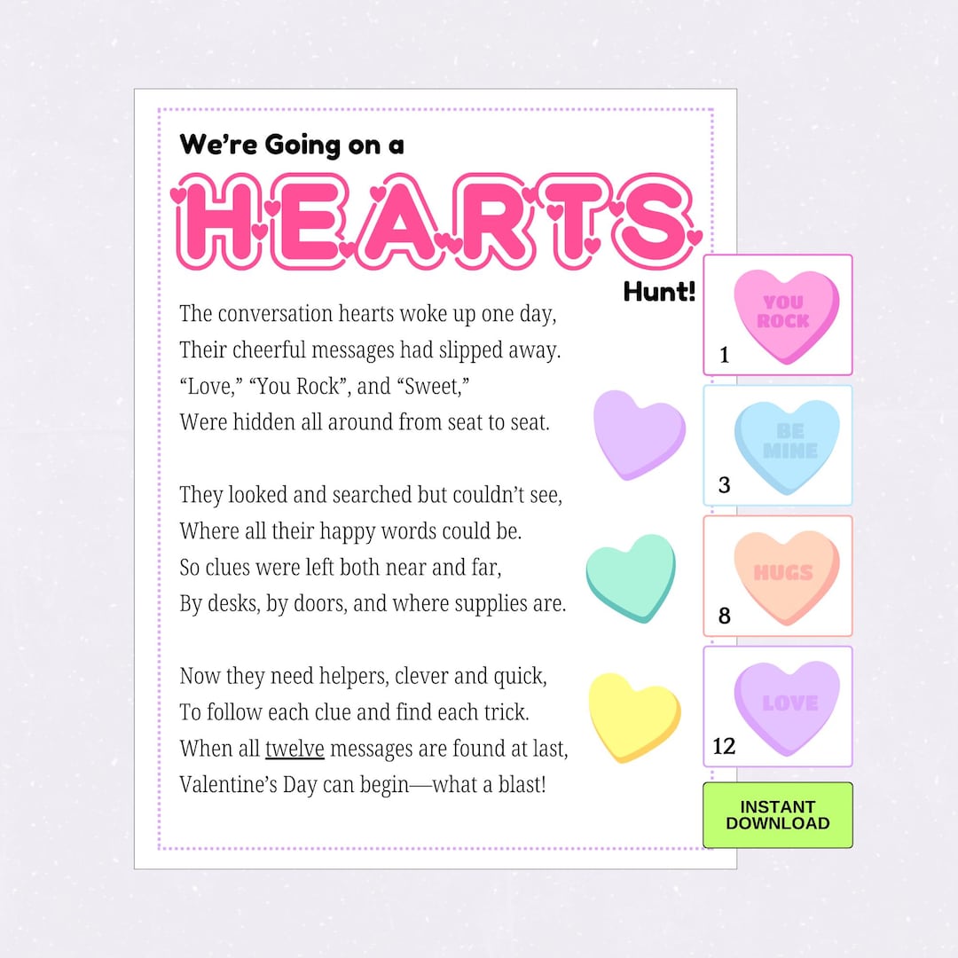 Valentine’s Day Scavenger Hunt | Conversation Hearts Printable Game ...