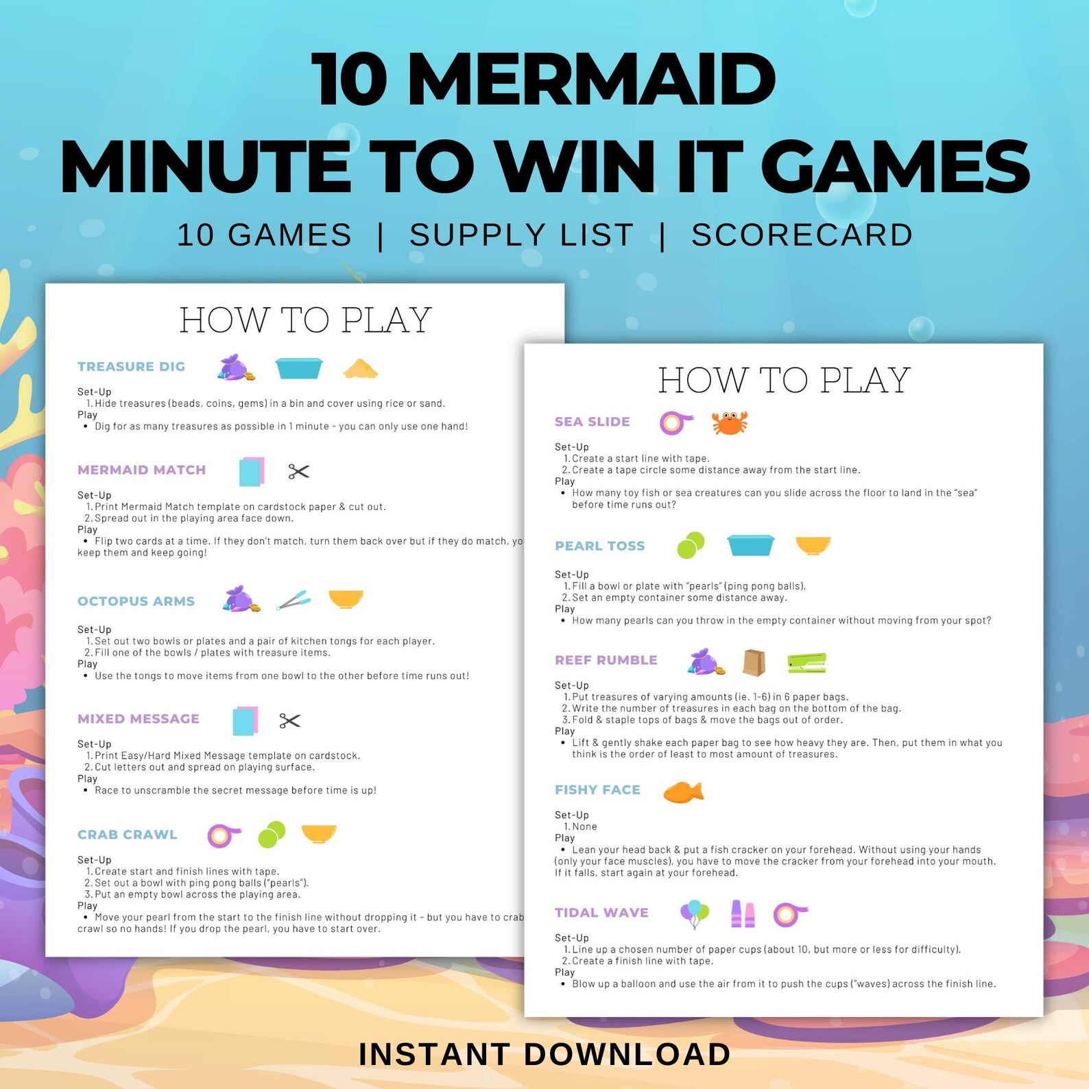 Mermaid Minute to Win It Printable Game Ideas With Supply List and ...